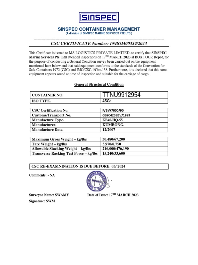 CSC Certificate for MS Logistics | PDF