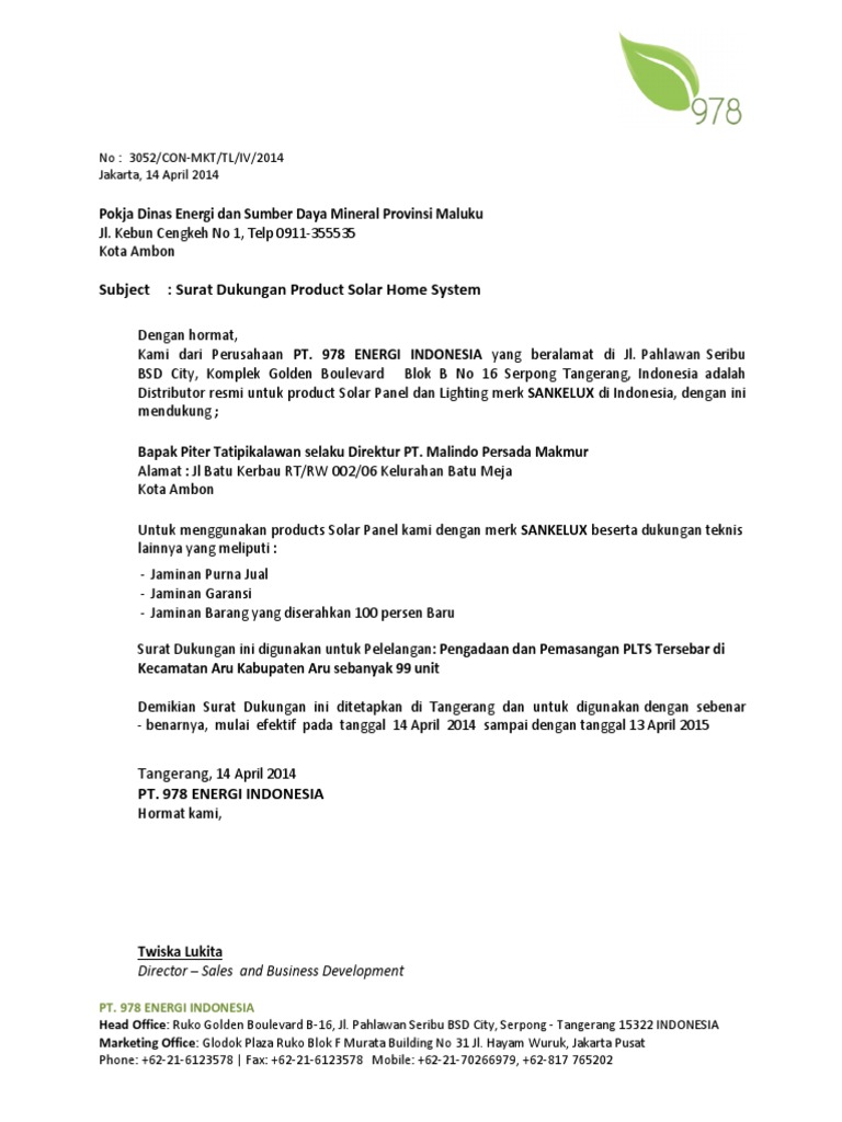 3052 Surat Dukungan PT Malindo Persada Makmur - Ambon - 14 Apr 2014 | PDF