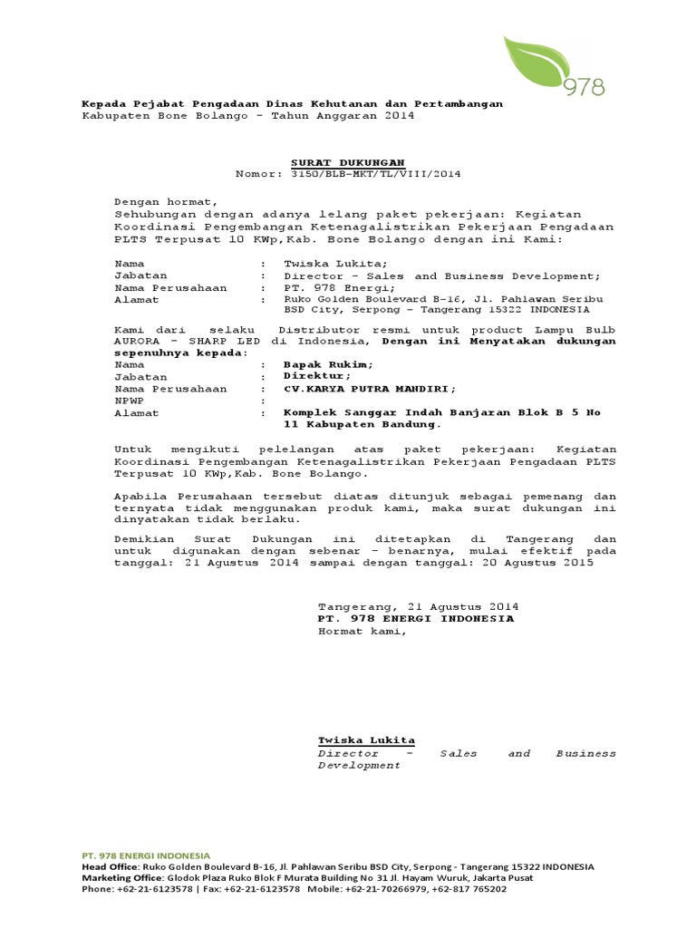 3150 Surat Dukungan CV Karya Putra Mandiri - AURORA BULB 5W - Pak Nyong - 20 Agust 2014 | PDF
