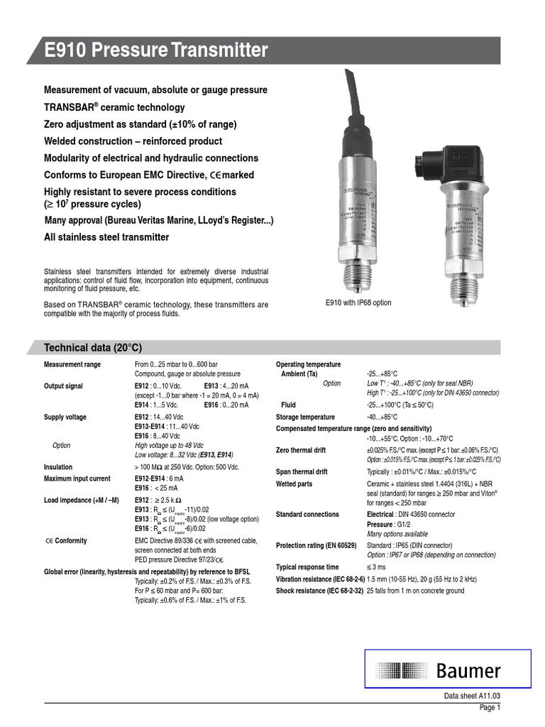 Baumer E910 Series Pressure Transmitter | PDF | Electrical Connector | Pressure Measurement