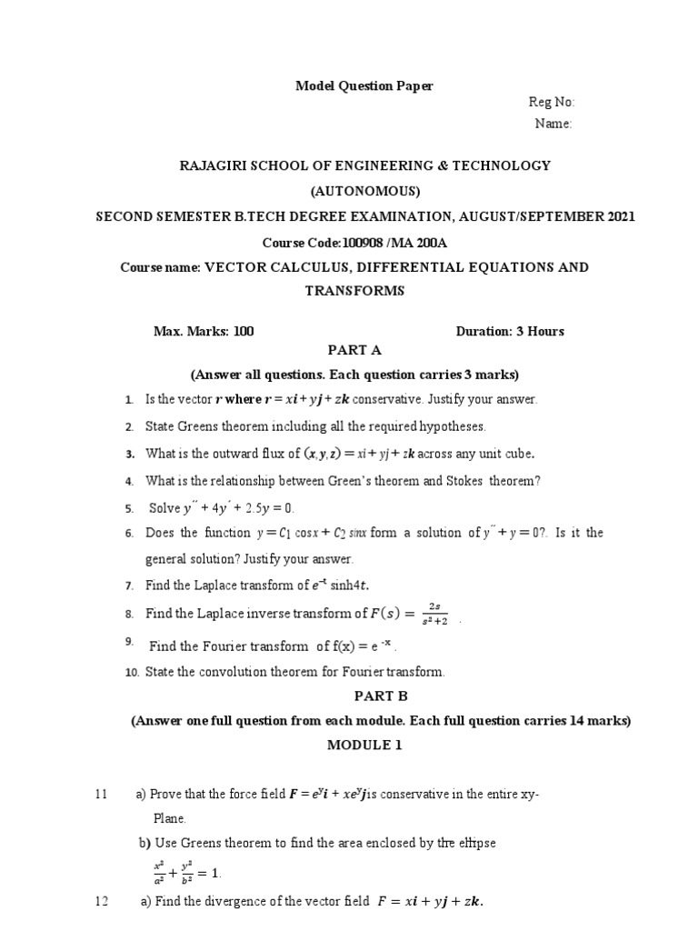Model Question Paper - S2 - VECTOR CALCULUS, DIFF EQUNS | PDF | Laplace ... Model Question Paper - S2 - VECTOR CALCULUS, DIFF EQUNS | PDF | Laplace ...