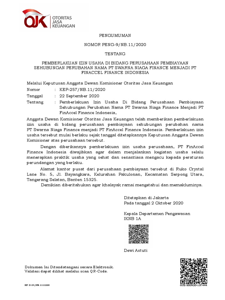 Peng - Pemberlakuan Izin Usaha Sehubungan Perubahan Nama Menjadi PT ...