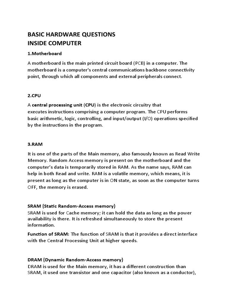 Essential computer hardware guide | PDF | Random Access Memory | Computer Network