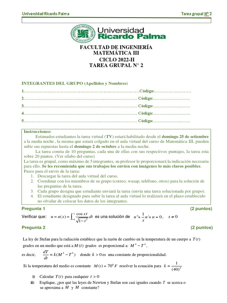 TAREA GRUPAL N°2 Mate III 2022-II | PDF