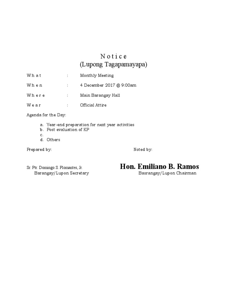 Notice (Lupong Tagapamayapa) : Hon. Emiliano B. Ramos | PDF