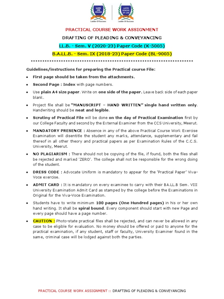 Drafting of Pleading & Conveyancing LL.B. - Sem. V (2020-23) Paper Code (K-5005) B.A.LL.B. - Sem ...