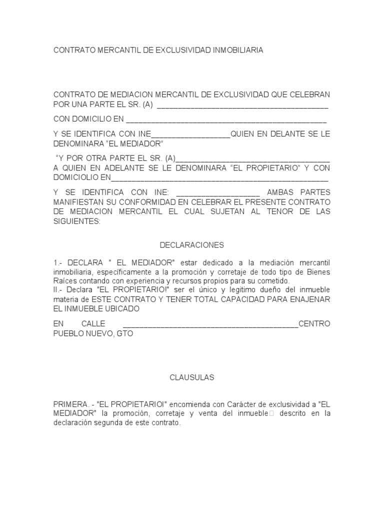Contrato Mercantil de Exclusividad Inmobiliaria | PDF | Mediación Contrato Mercantil de Exclusividad Inmobiliaria | PDF | Mediación