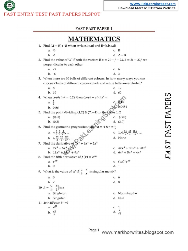 FAST ENTRY TEST PAST PAPERS PLSPOT - Watermark | PDF
