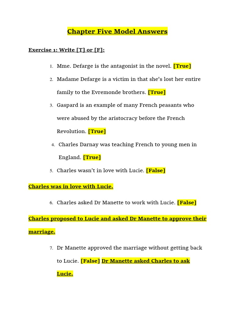 Chapter Five Model Answers: Exercise 1: Write (T) or (F) | PDF | A Tale Of Two Cities