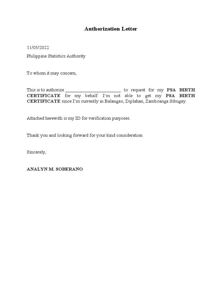 Authorization Letter PSA | PDF | Social Science | Wellness