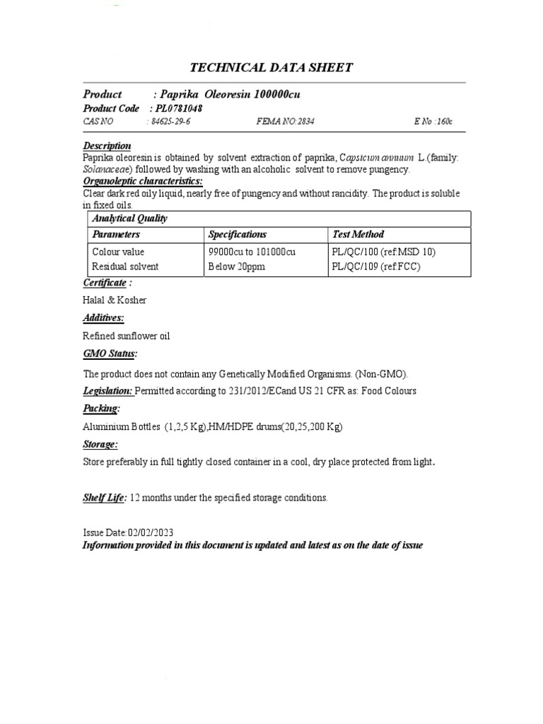 Paprika Oleoresin Technical Data Sheet | PDF | Cooking, Food & Wine