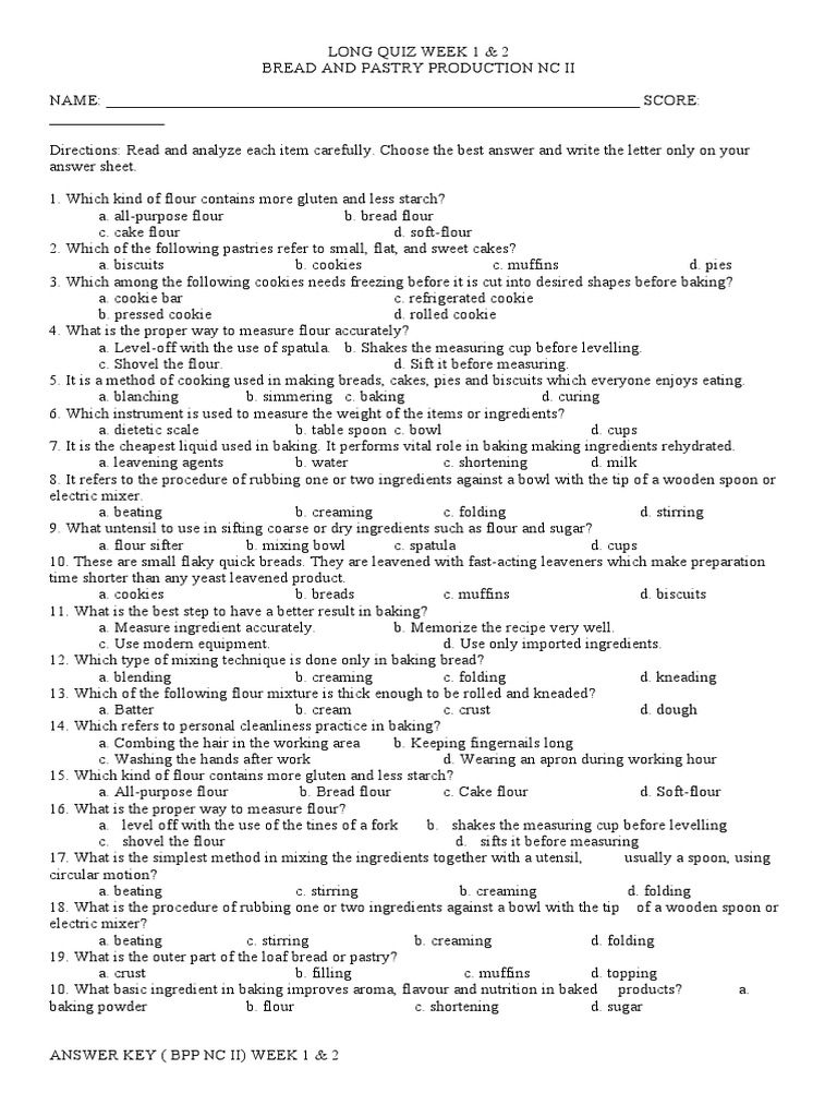 Long Quiz Week 1 & 2 | Download Free PDF | Breads | Flour