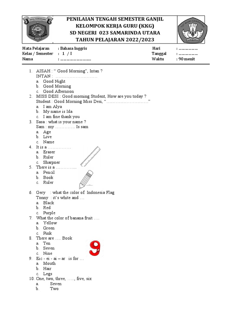 Soal-Soal Ujian Tengah Semester Kelas 1 SD | PDF