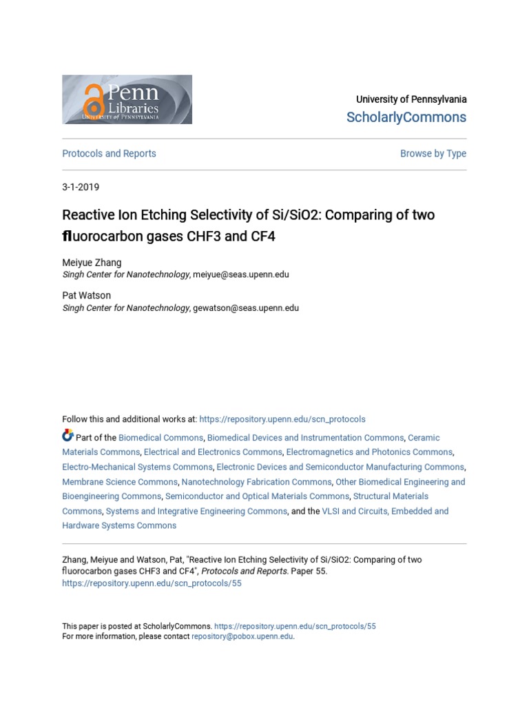 Comparing the Reactive Ion Etching Selectivity of Si/SiO2 Using CHF3 and CF4 Fluorocarbon Gases ...