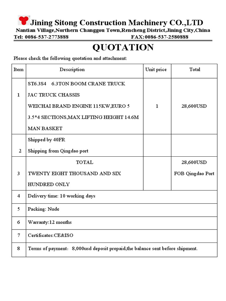 Quotation: Jining Sitong Construction Machinery CO.,LTD | PDF | Crane (Machine) | Truck