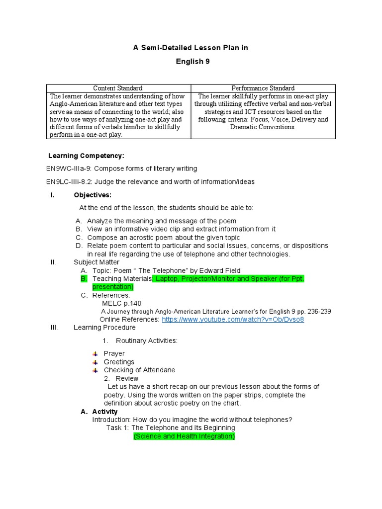 SEMI-DETAILED LESSON PLAN IN TEACHING ENG.9-COT for PPT | PDF ...
