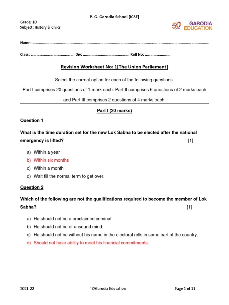 MS 10th History Revision Worksheet No.1 | PDF | Separation Of Powers ...