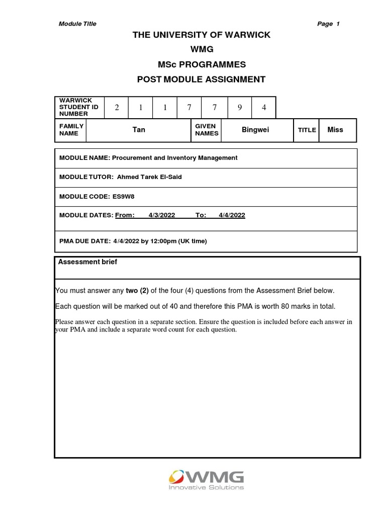 The University of Warwick WMG MSC Programmes Post Module Assignment | PDF | Supply Chain | Inventory