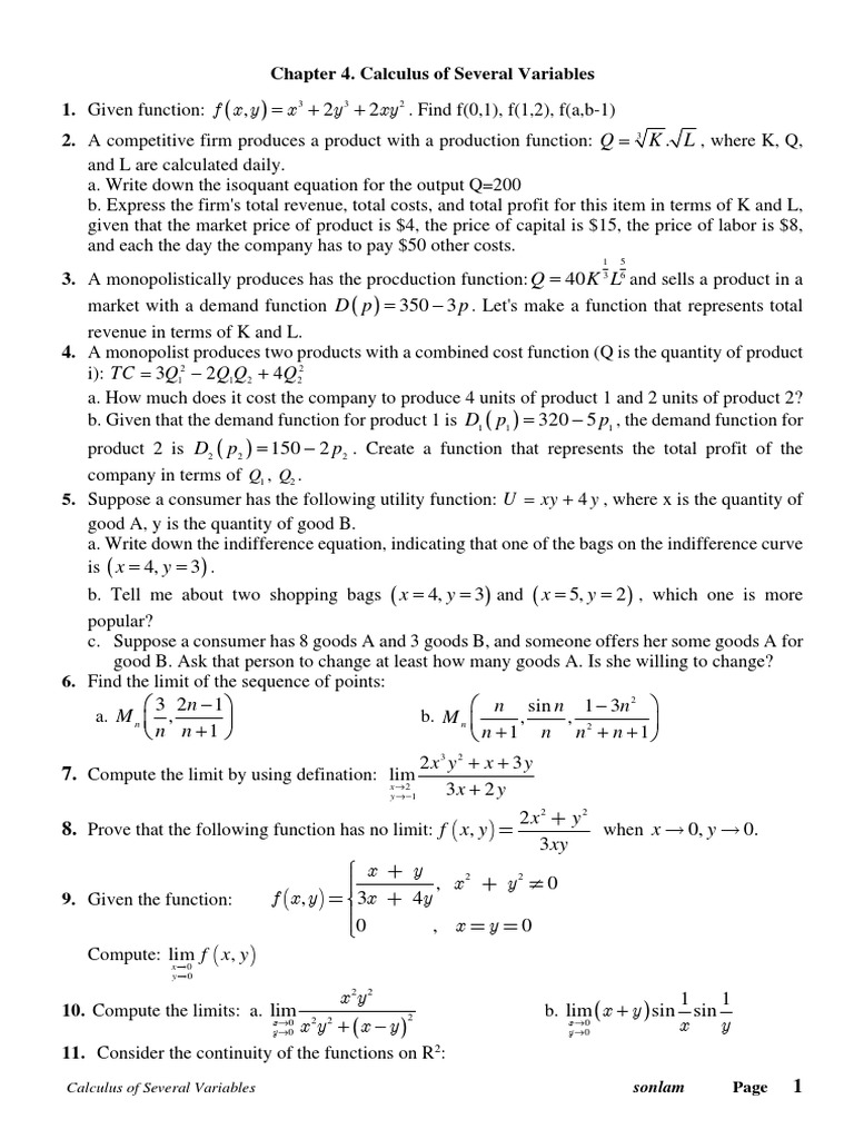 Excercises Calculus of Several Variables | PDF | Demand | Profit ...