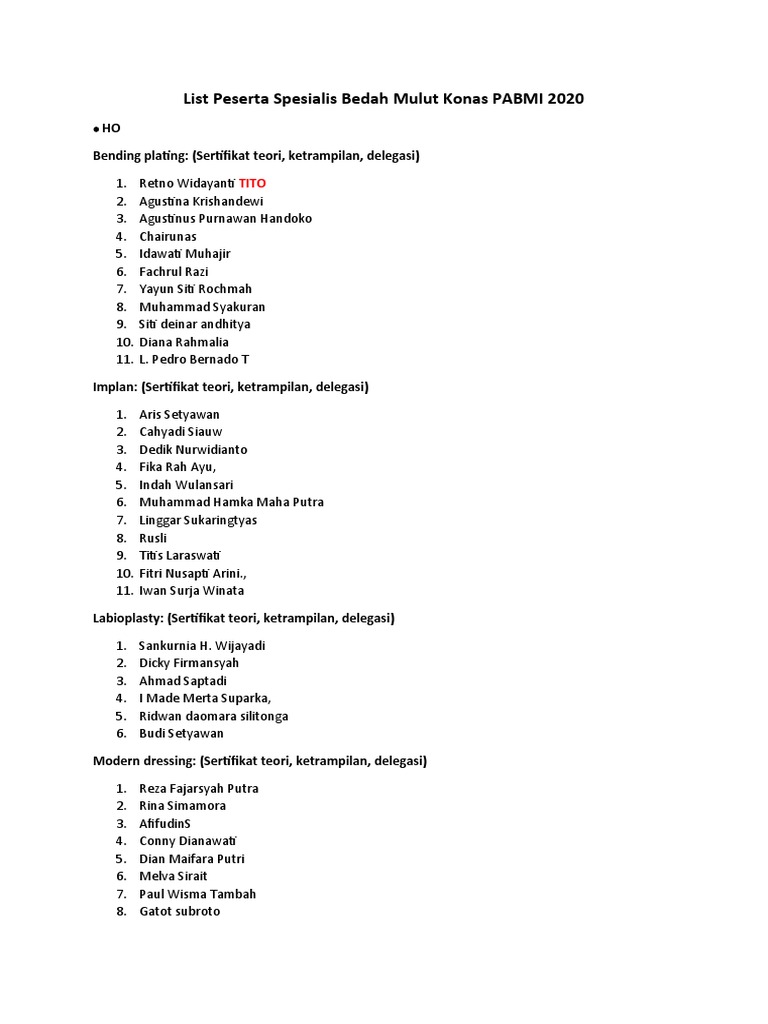 List Peserta Spesialis Bedah Mulut Konas PABMI 2020 | PDF