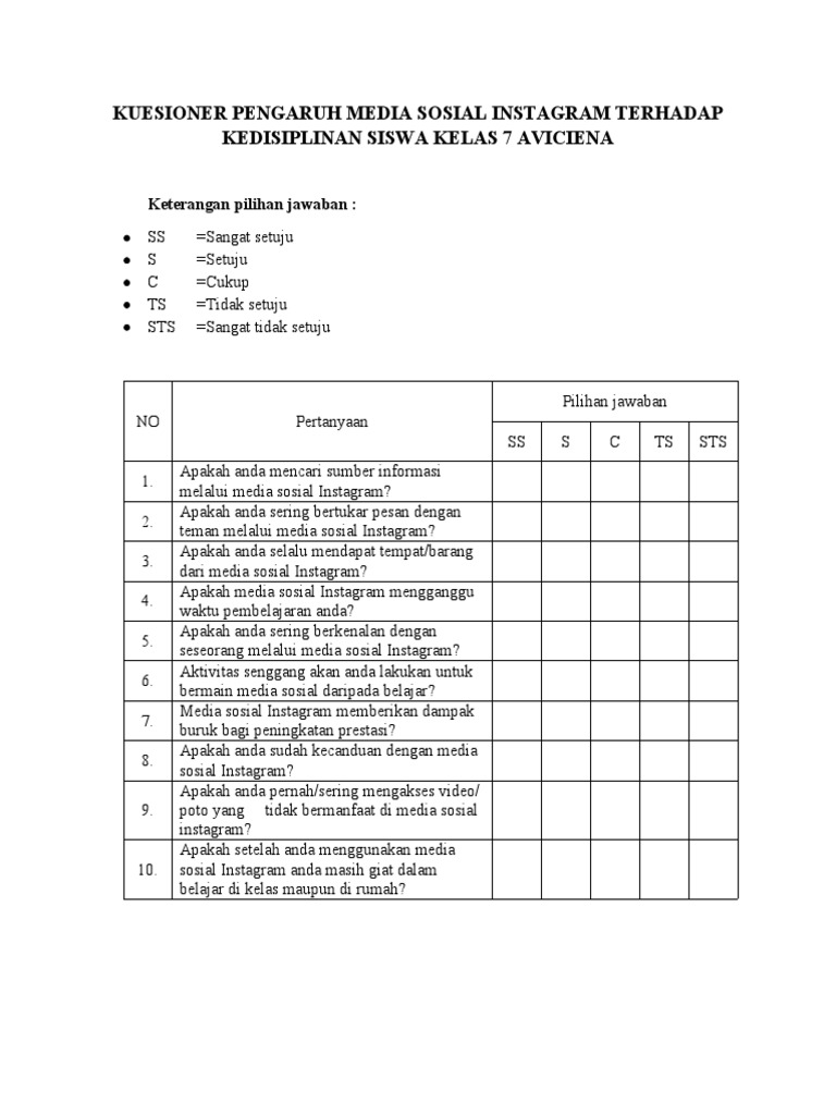 Kuesioner Media Sosial dan Disiplin Siswa | PDF | Ilmu Sosial