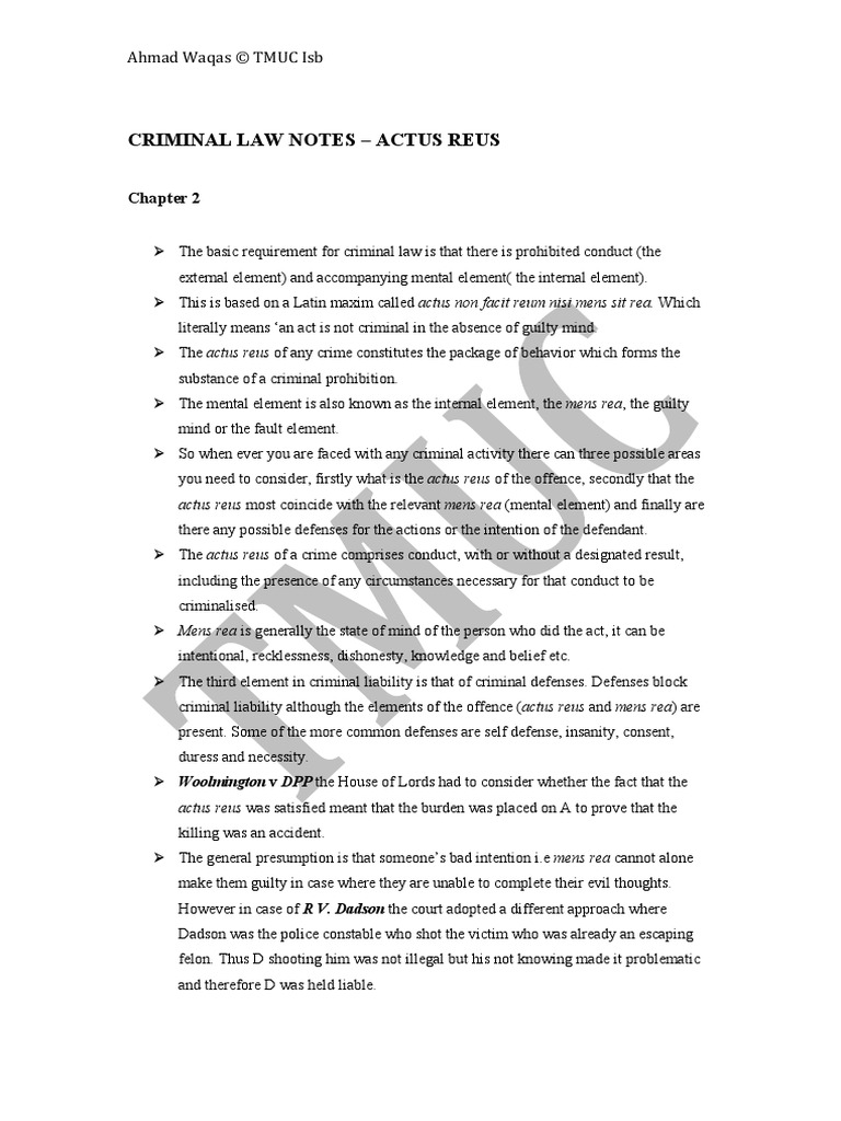 Criminal Law Notes - Actus Reus: Ahmad Waqas © TMUC Isb | PDF | Mens ...