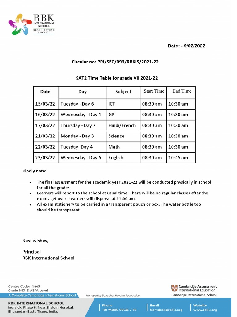 Grade 7-SAT2 TIMETABLE | PDF