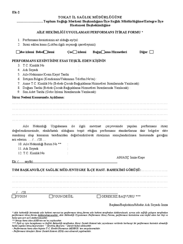 Ek 2 Aile Hekimligi Uygulamasi Performans Itiraz Formdocx | PDF