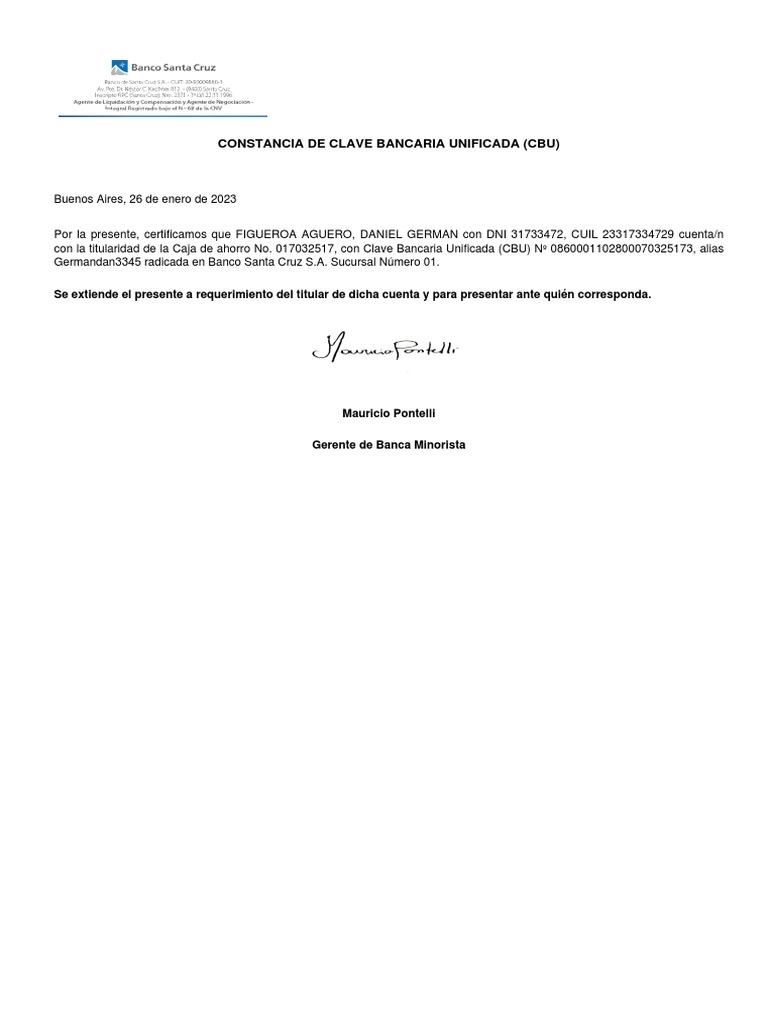 Certificado de CBU de Daniel Figueroa | PDF