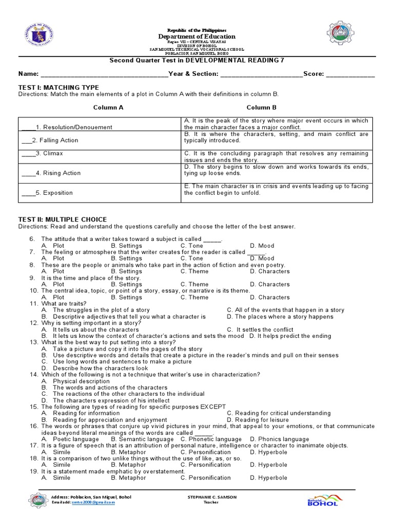 Second Quarter Test in DEVELOPMENTAL READING 7 Name: - Year & Section ...
