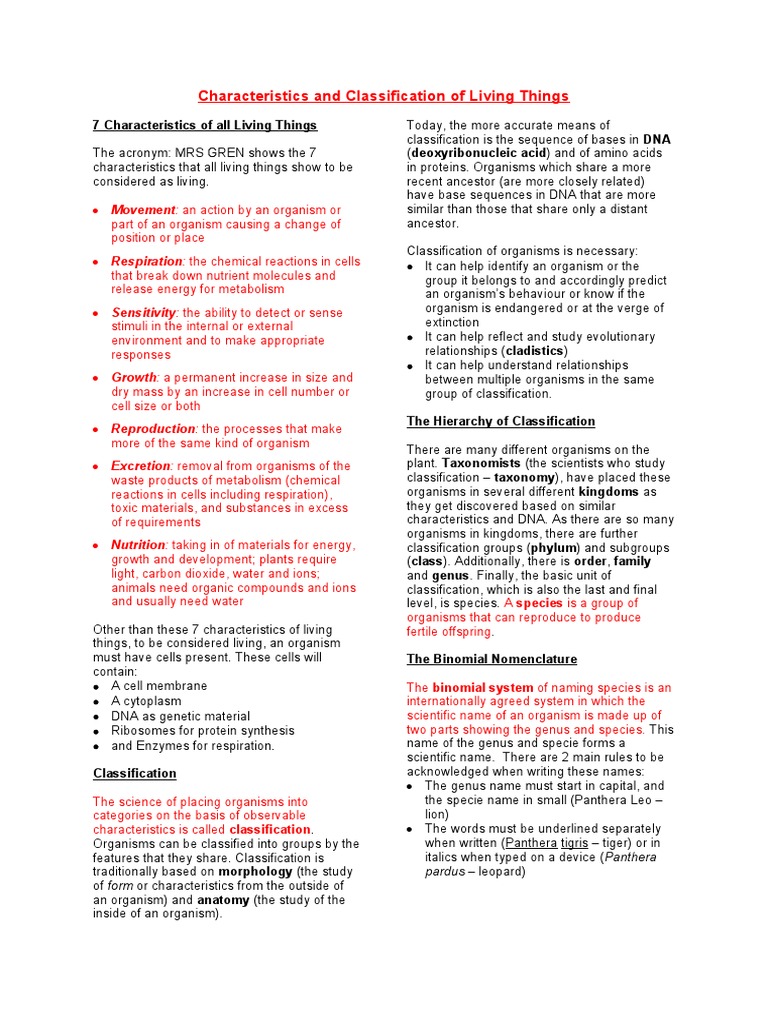 1 - Characteristics and Classification of Living Things | PDF ...
