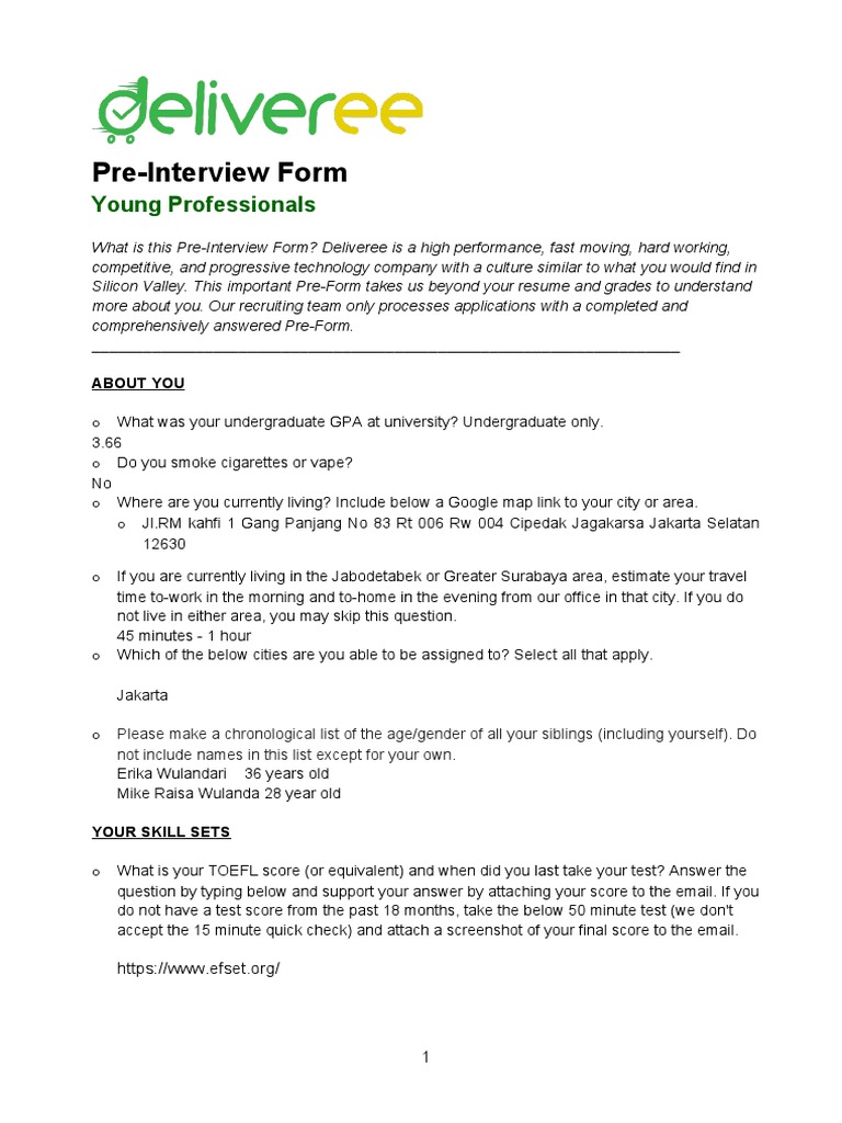 Pre-Interview Form: Young Professionals | PDF | Business