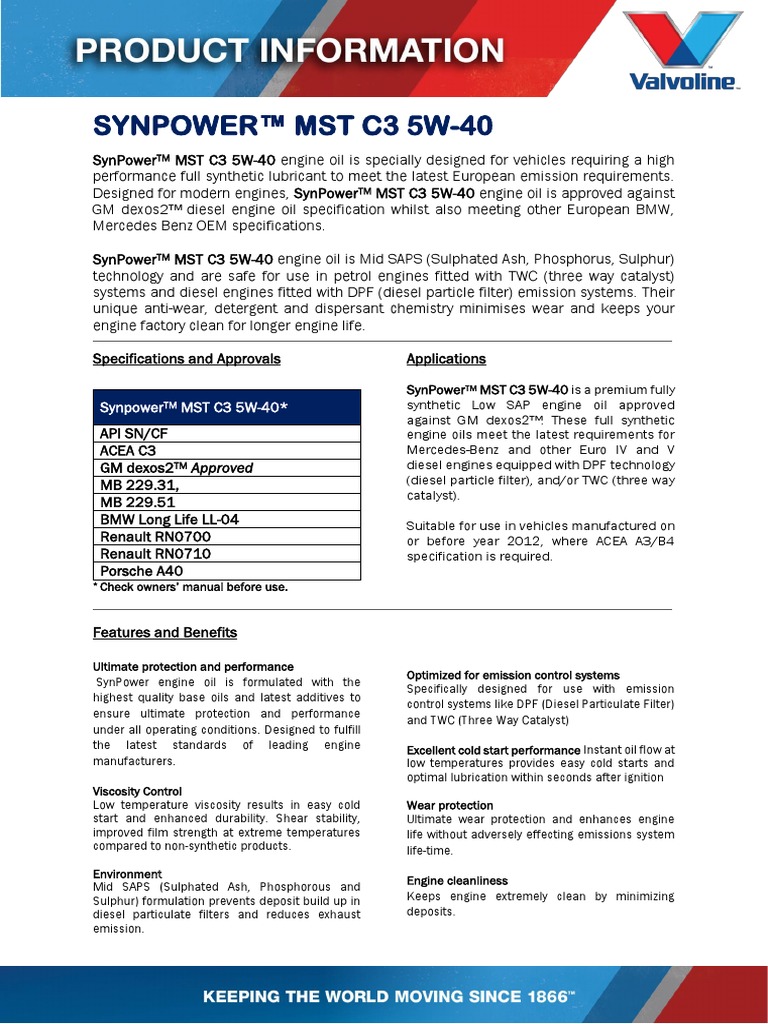 Synpower MST 5W-40-PI Sheet | PDF | Motor Oil | Lubricant