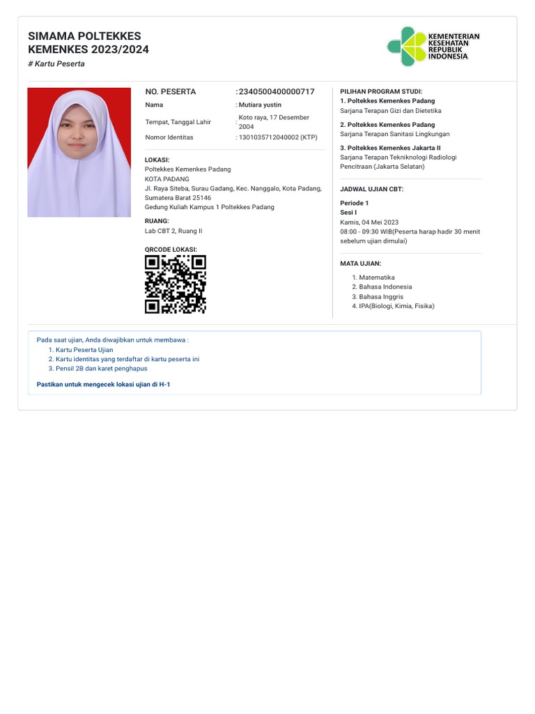Simama Poltekkes KEMENKES 2023/2024: No. Peserta:2340500400000717 | PDF