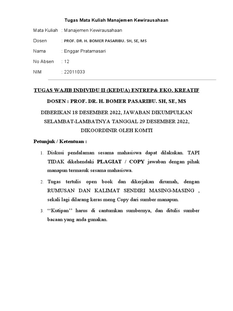Tugas Wajib Ii Entrep L0 Eko Des 2022 Enggar | PDF