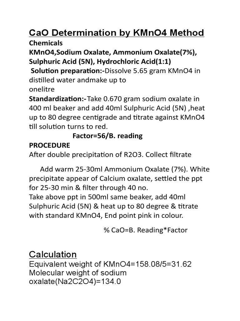 Cao Determination by Kmno4 Method | PDF | Technology & Engineering