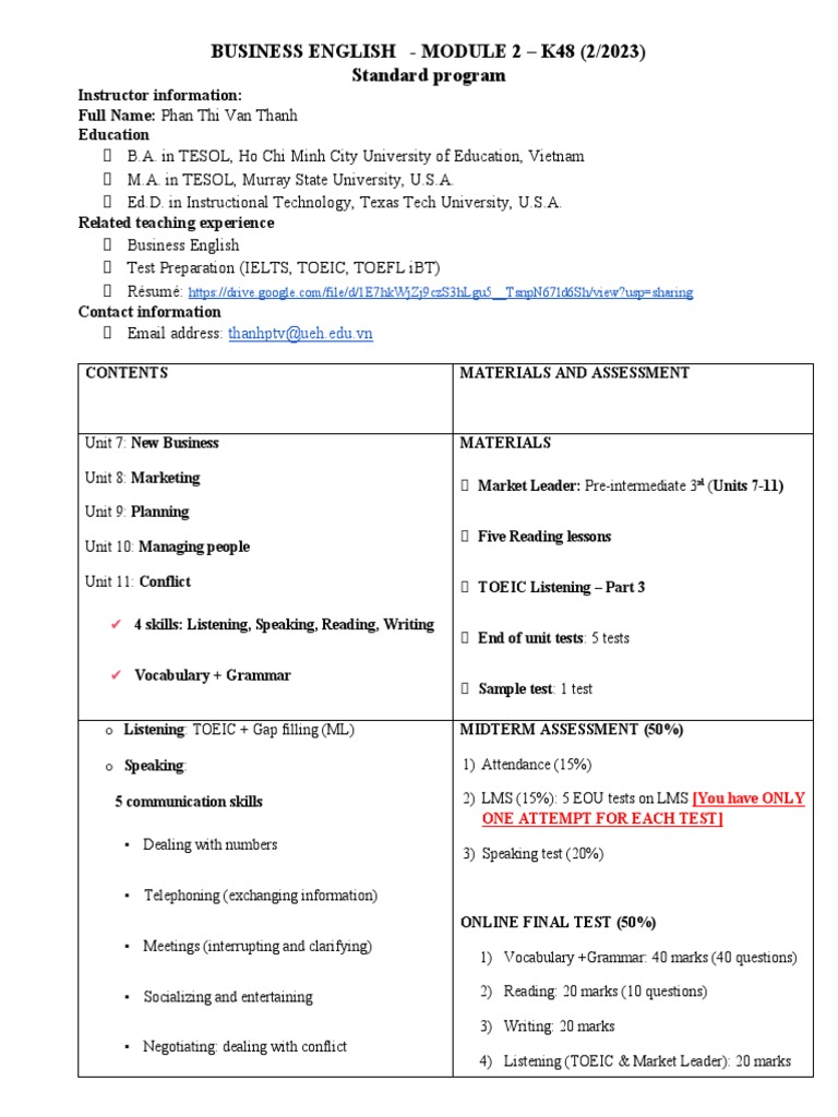 HP2 - K48 - Course Outline - 2023 (Market Leader) | PDF | Cognition | Human Communication