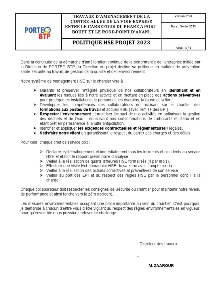 Politique HSE pour le Projet 2023 | PDF | Management de la qualité ...