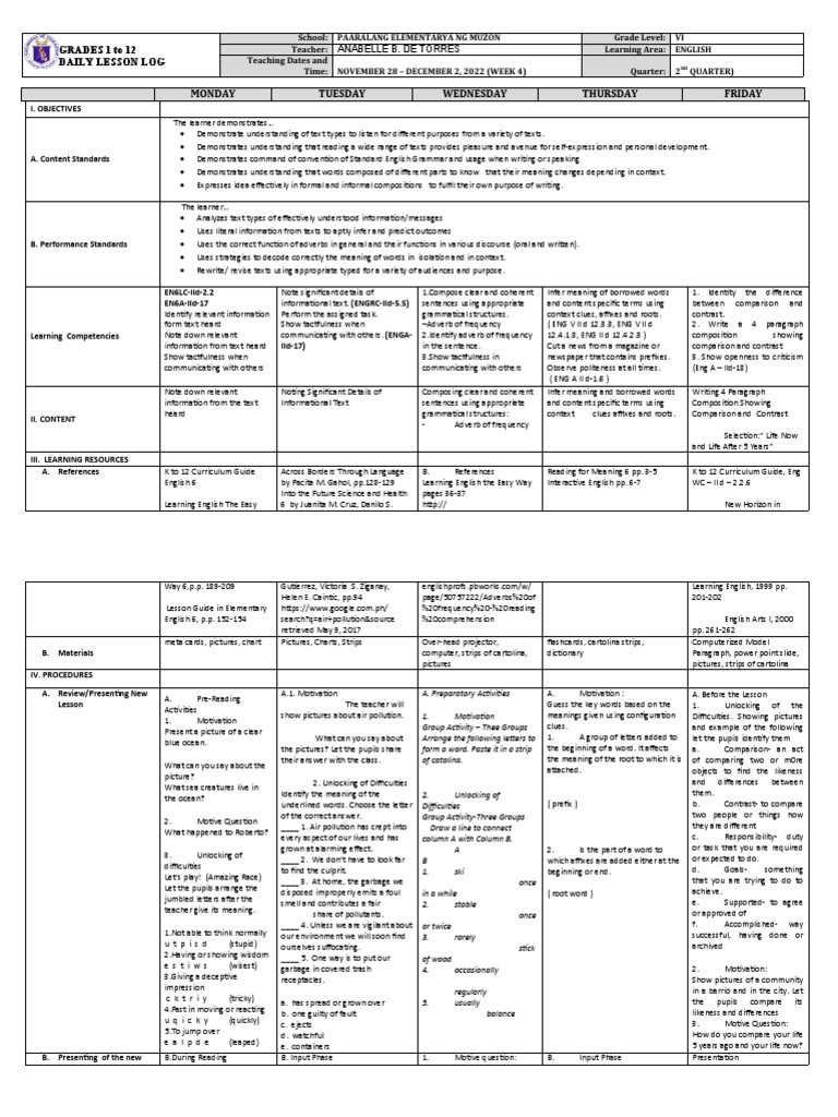 DLL - English 6 - Q2 - W4 | PDF | English Language | Information DLL - English 6 - Q2 - W4 | PDF | English Language | Information