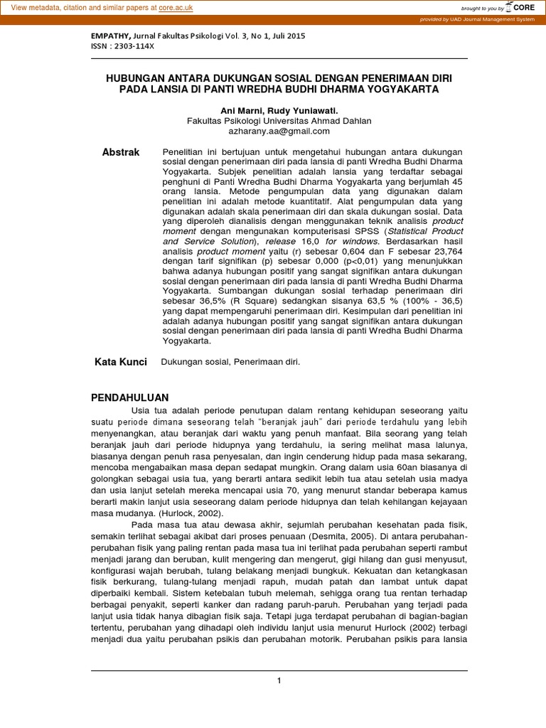 Hubungan Antara Dukungan Sosial Dengan Penerimaan Diri Pada Lansia Di Panti Wredha Budhi Dharma ...