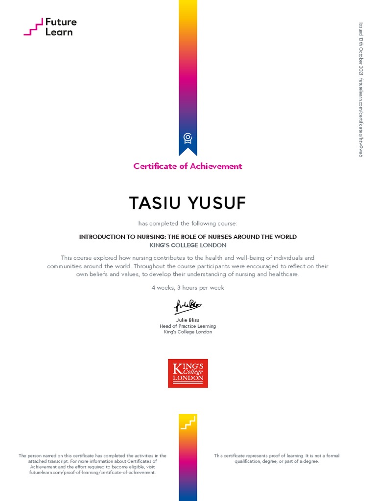 Tasiu Yusuf: Certificate of Achievement | PDF | Nursing | Medicine