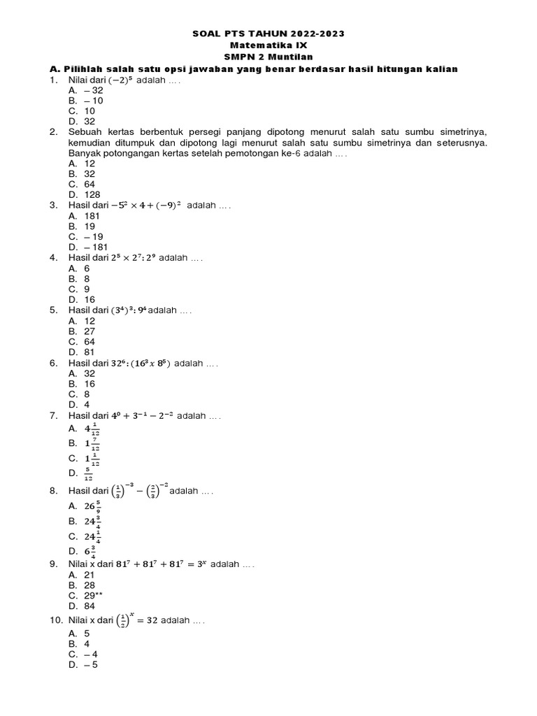 Latihan Soal PTS Gasal KELAS 9 TAHUN 2022-2023, Tanpa Kunci | PDF