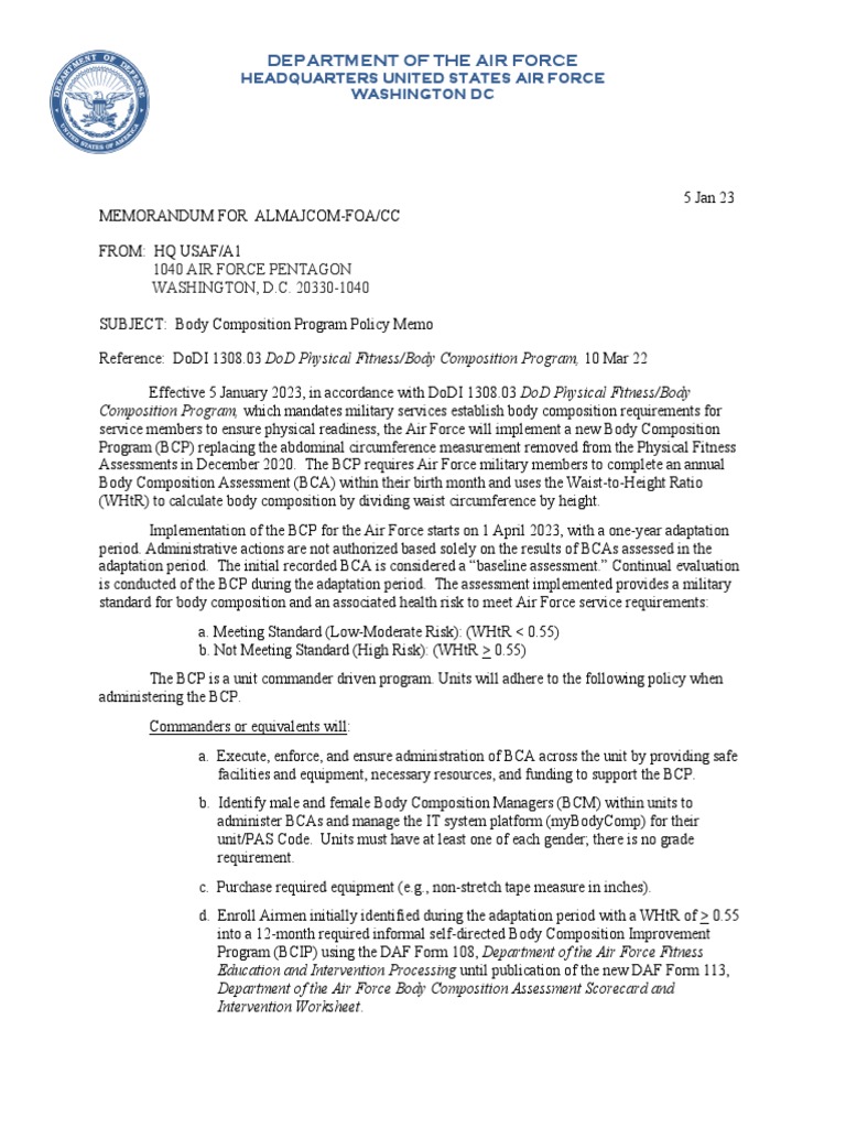Air Force Body Composition Policy Memo | PDF | Business | Finance ...