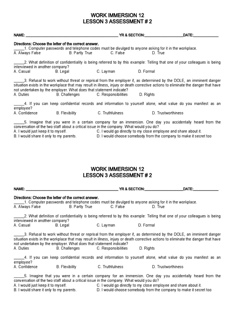 Work Immersion 12 Lesson 3 Assessment # 2 | PDF | Confidentiality | Employment