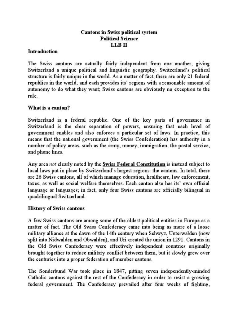 Cantons in Swiss Political System | PDF | Switzerland | Governance