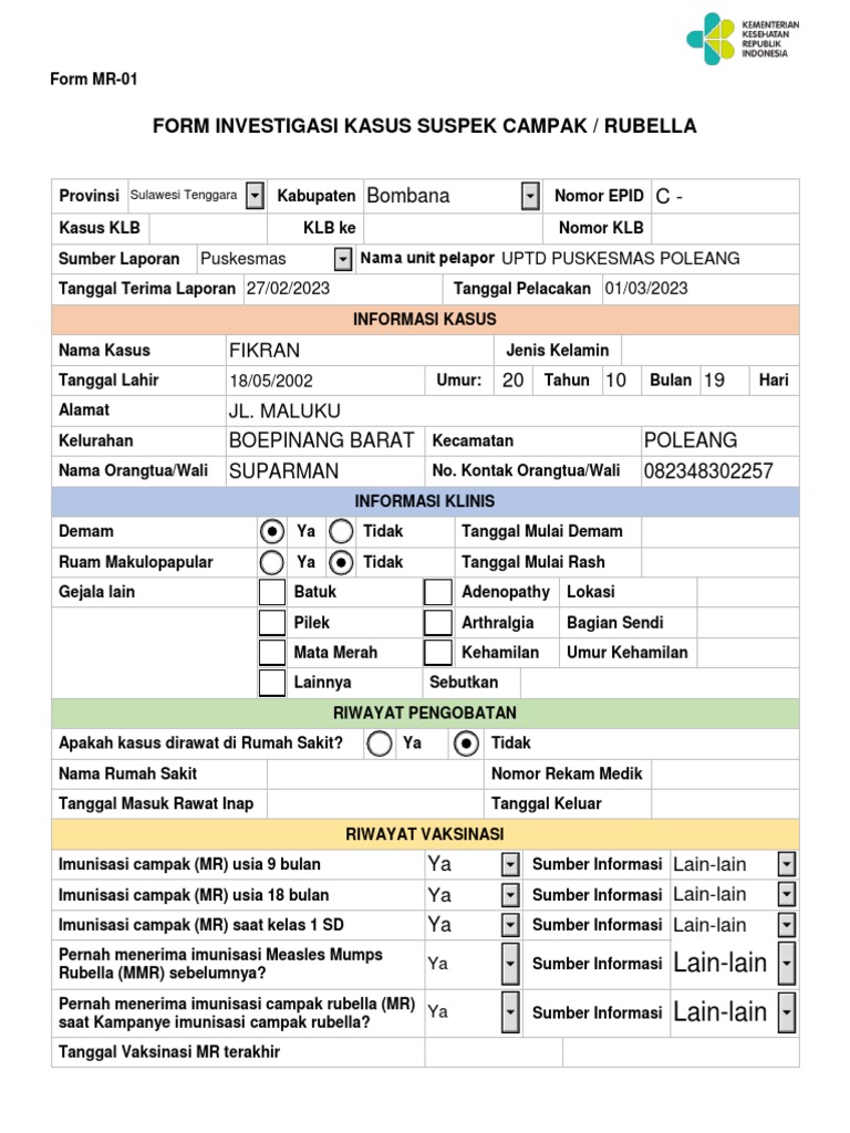 Formulir Investigasi Kasus Campak Rubella | PDF