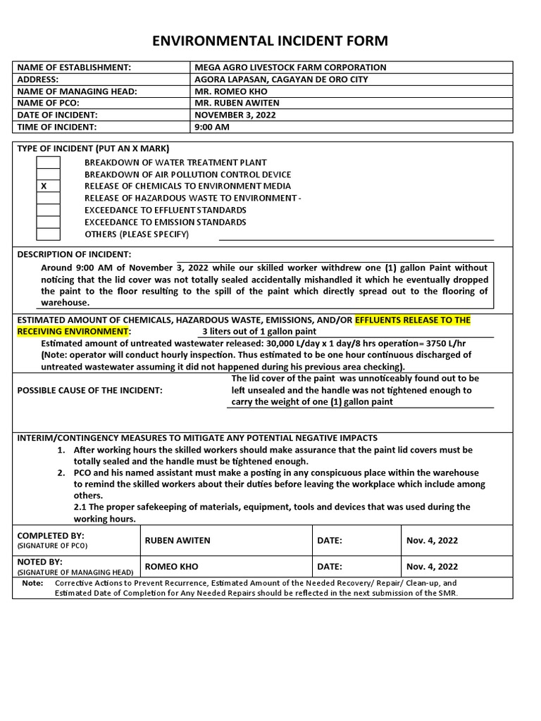 Sample Environmental Incident Report | PDF | Effluent | Waste