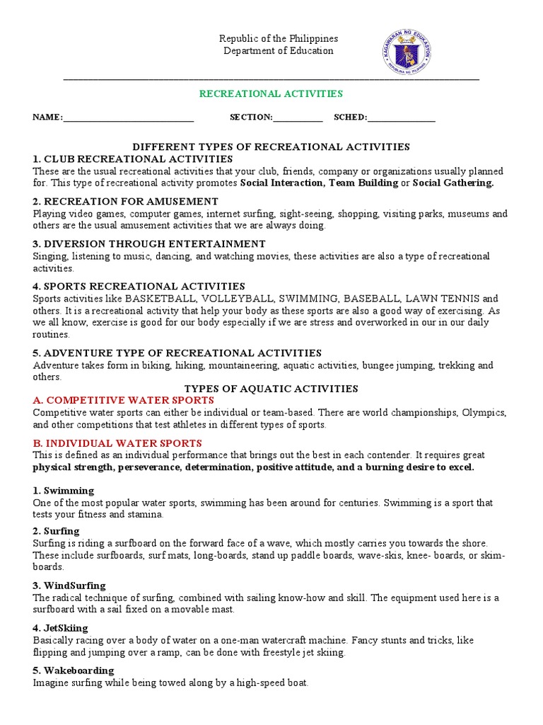 Types of Recreational Activities Guide | PDF | Scuba Diving | Health ...