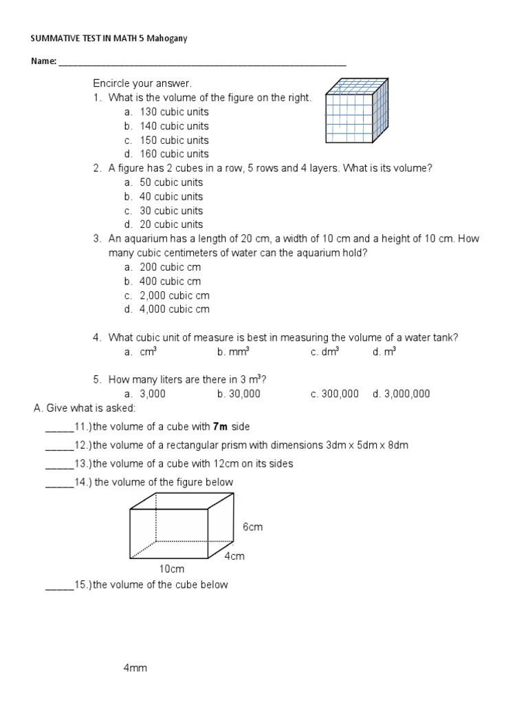 Grade 5 Math Summative Test: Volume | PDF | Volume | Length