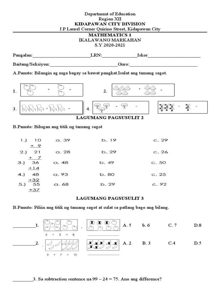 Kidapawan City Division Mathematics 1 | PDF